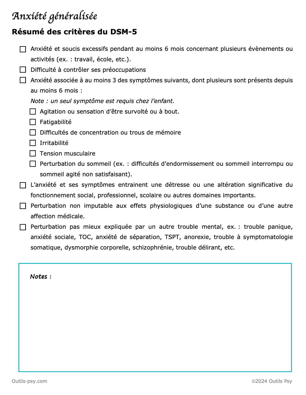 Anxiété généralisée | Résumé des critères du DSM-5 [PDF]